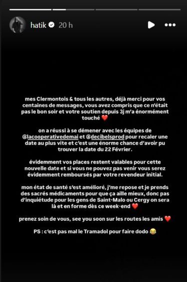 Après l’interruption de son concert, Hatik donne de ses nouvelles